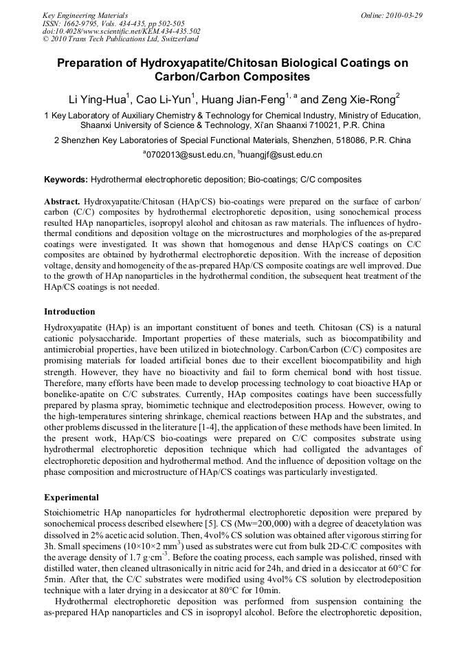 Preparation of Hydroxyapatite/Chitosan Biological Coatings on Carbon ...