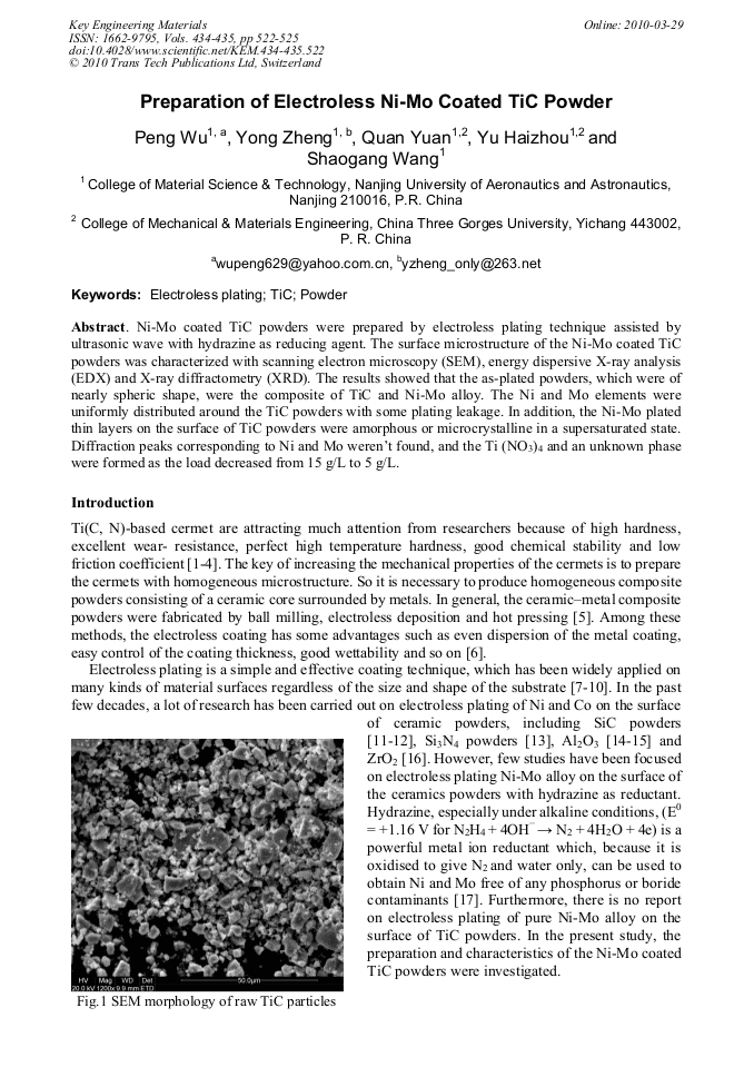 Preparation of Electroless Ni-Mo Coated TiC Powder | Scientific.Net