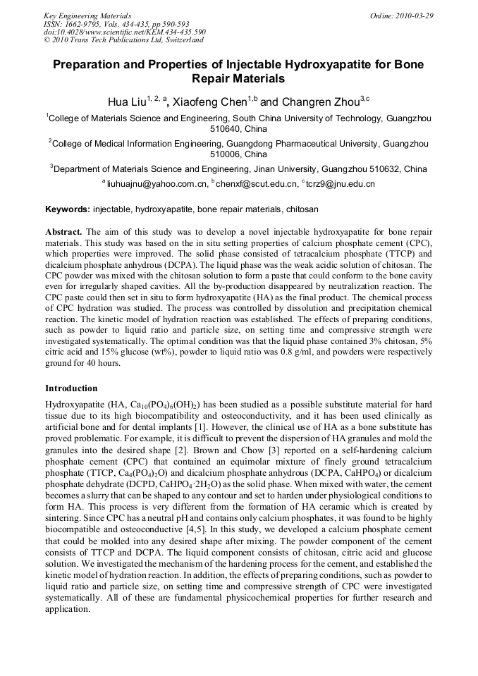 Preparation and Properties of Injectable Hydroxyapatite for Bone Repair ...