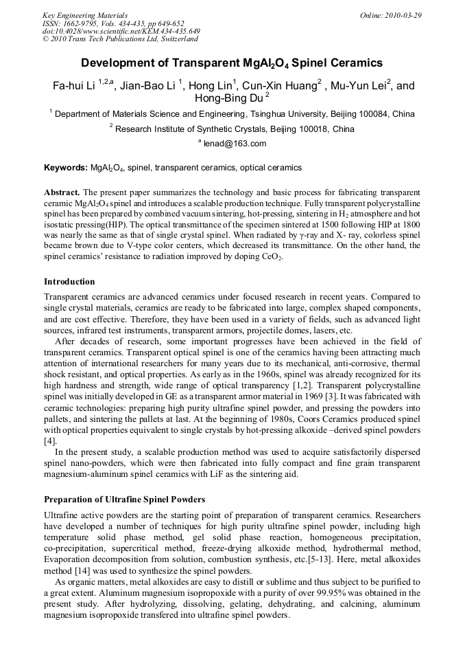 Development of Transparent MgAl2O4 Spinel Ceramics | Scientific.Net