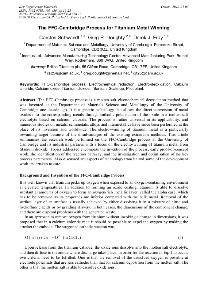 The FFC-Cambridge Process for Titanium Metal Winning | Scientific.Net