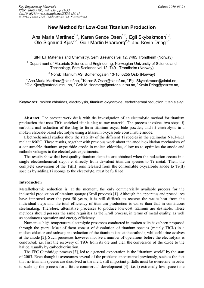 New Method for Low-Cost Titanium Production | Scientific.Net
