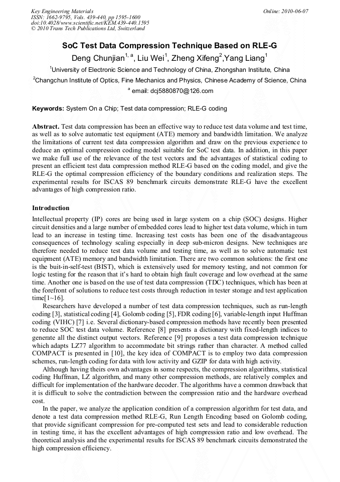 SoC Test Data Compression Technique Based on RLE-G | Scientific.Net