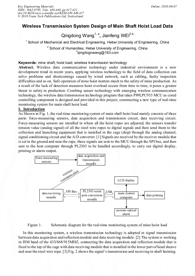 Wireless Transmission System Design of Main Shaft Hoist Load Data ...