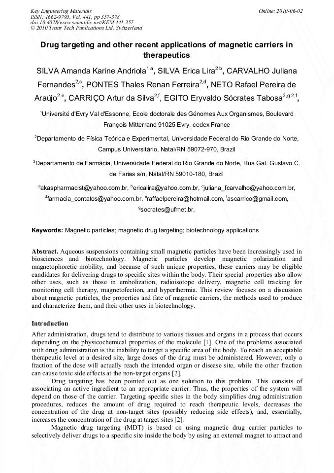 Drug Targeting and other Recent Applications of Magnetic Carriers in ...