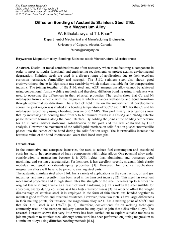 Diffusion Bonding of Austenitic Stainless Steel 316L to a Magnesium Alloy | Scientific.Net