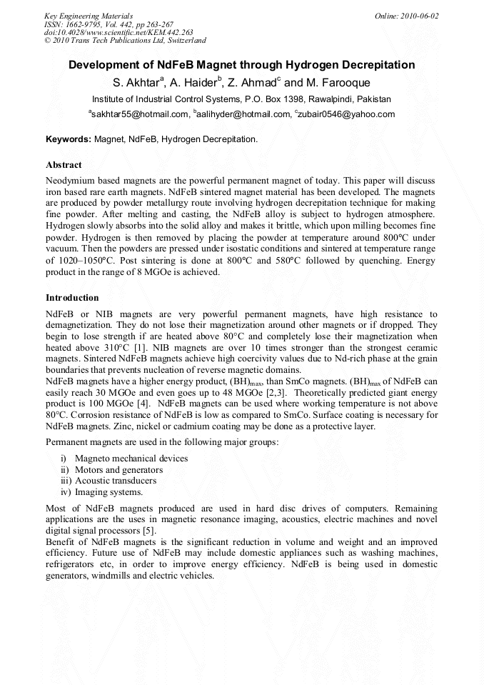 Development of NdFeB Magnet through Hydrogen Decrepitation | Scientific.Net