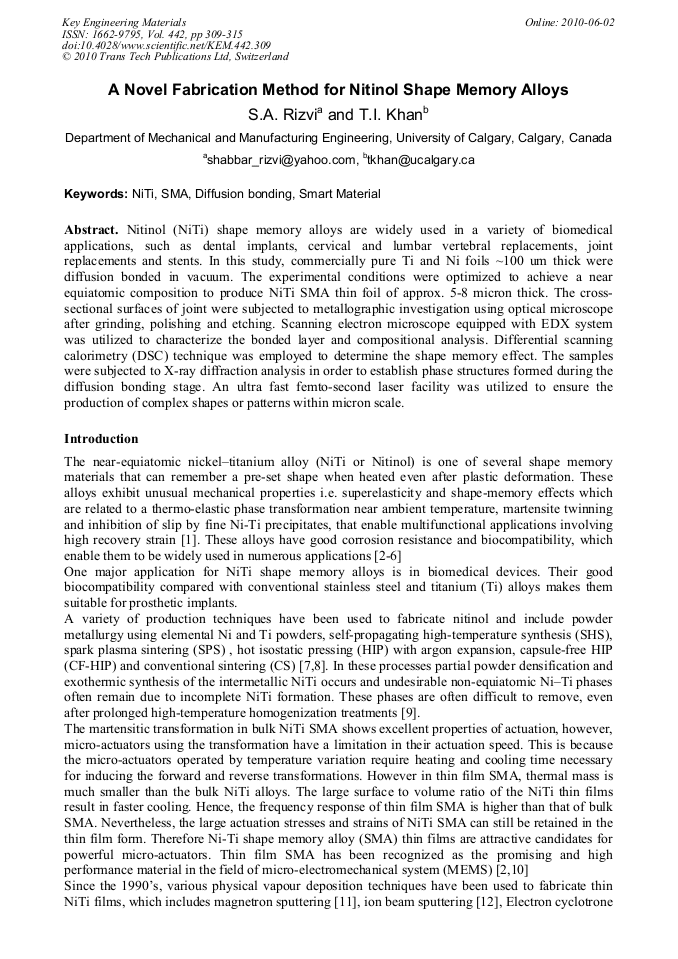 A Novel Fabrication Method for Nitinol Shape Memory Alloys | Scientific.Net