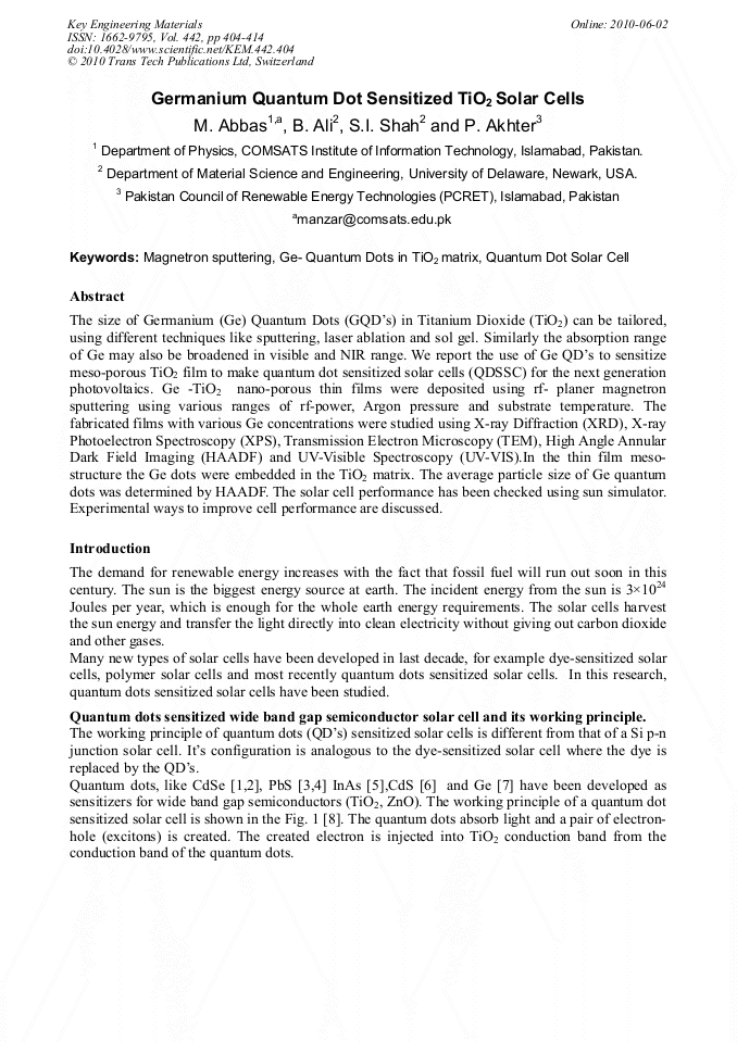 Germanium Quantum Dot Sensitized TiO2 Solar Cells | Scientific.Net