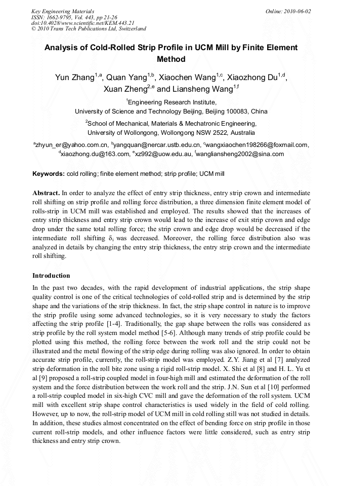 Analysis of Cold-Rolled Strip Profile in UCM Mill by Finite Element Method | Scientific.Net
