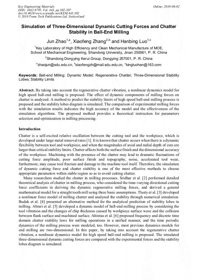 Simulation of Three-Dimensional Dynamic Cutting Forces and Chatter Stability in Ball-End Milling ...