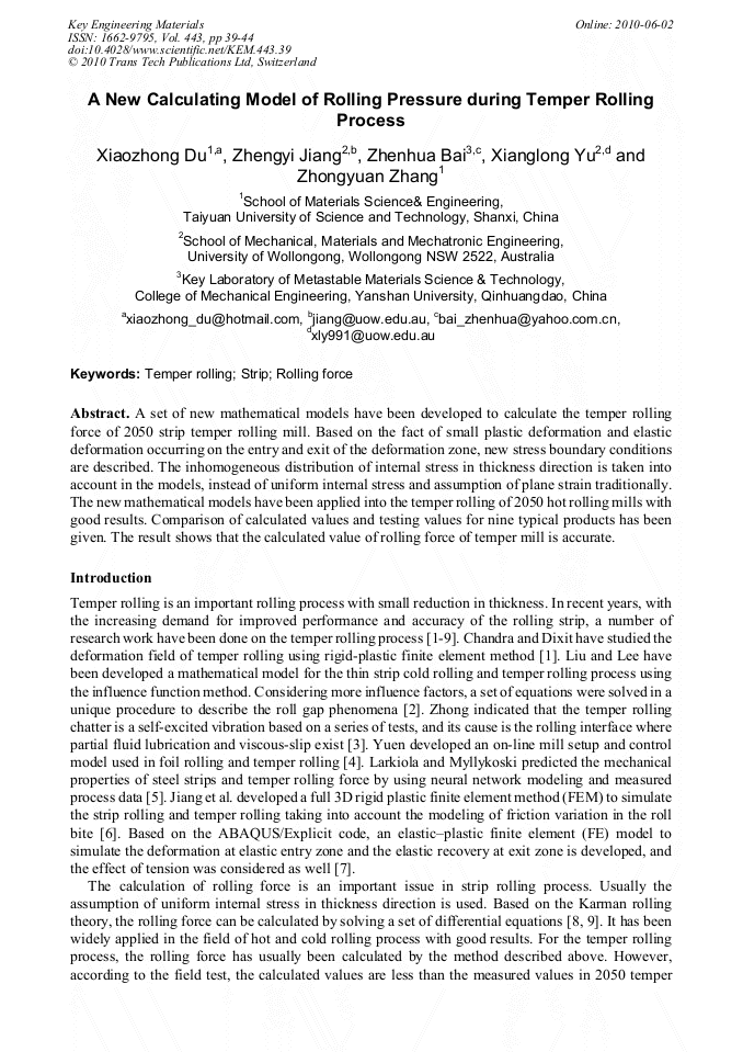 A New Calculating Model of Rolling Pressure during Temper Rolling ...