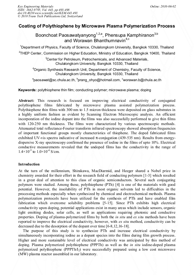 Coating of Polythiophene by Microwave Plasma Polymerization Process ...