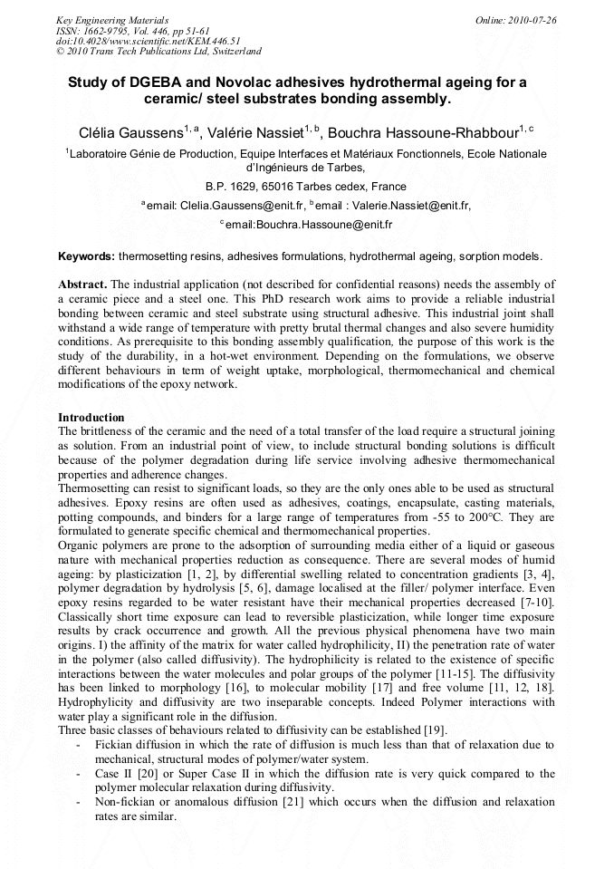 Study of DGEBA and Novolac Adhesives Hydrothermal Ageing for a Ceramic ...