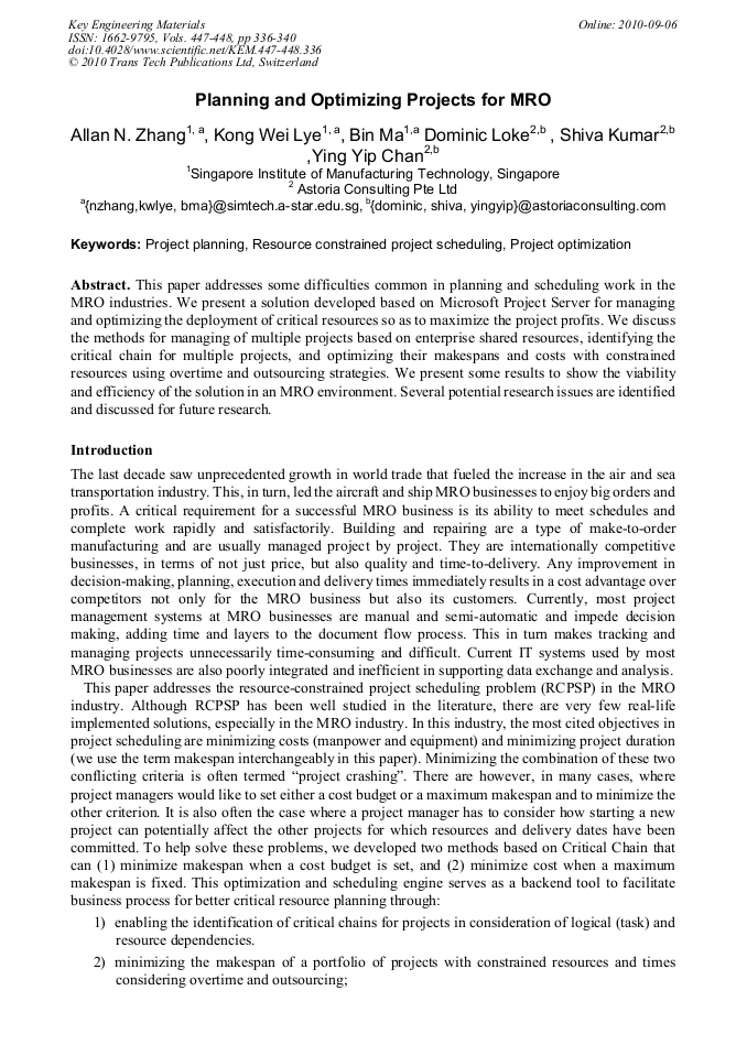 Planning and Optimizing Projects for MRO | Scientific.Net
