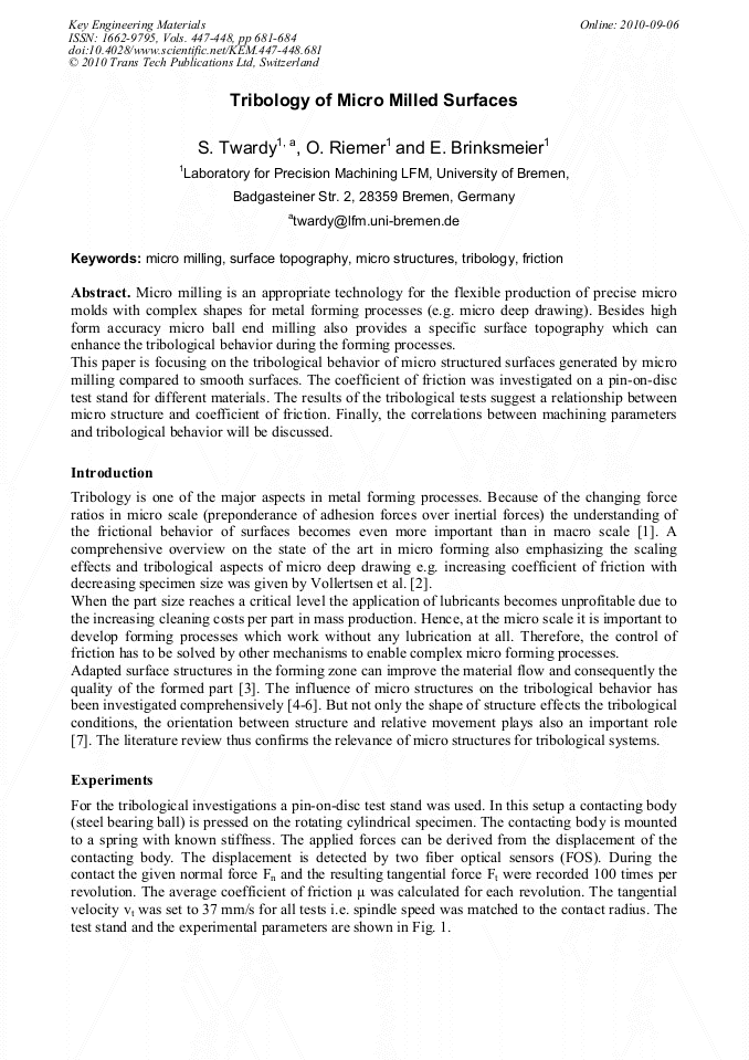 Tribology of Micro Milled Surfaces | Scientific.Net