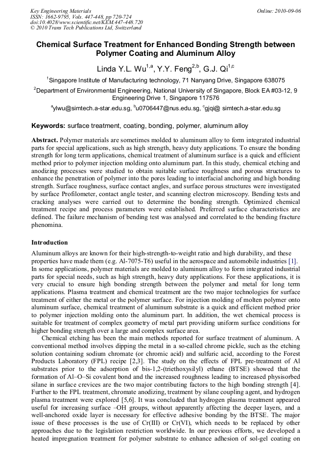 Chemical Surface Treatment for Enhanced Bonding Strength between ...