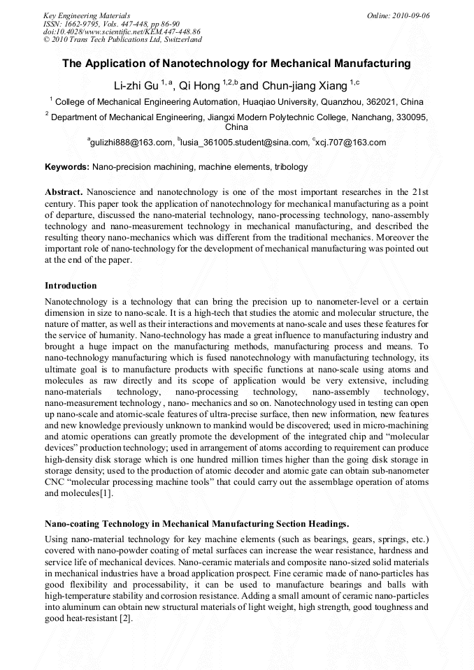 The Application of Nanotechnology for Mechanical Manufacturing ...
