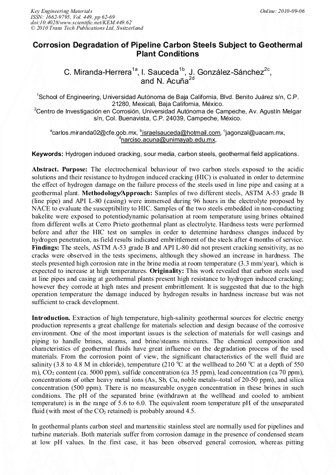 Corrosion Degradation of Pipeline Carbon Steels Subject to Geothermal ...