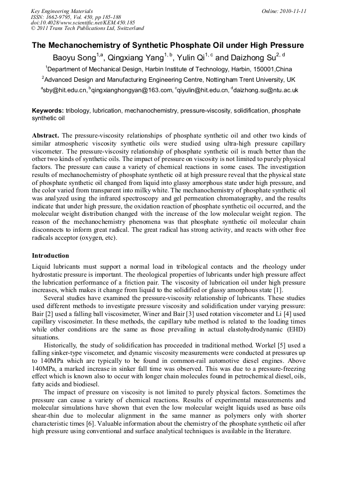 The Mechanochemistry of Synthetic Phosphate Oil under High Pressure ...