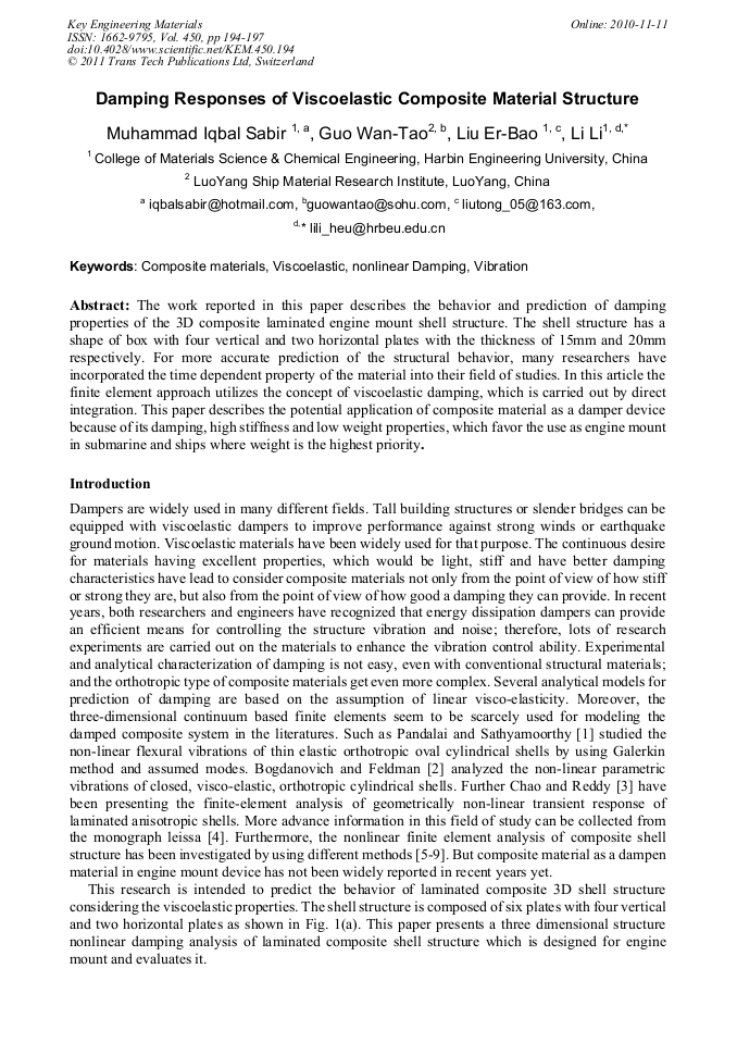 Damping Responses of Viscoelastic Composite Material Structure ...