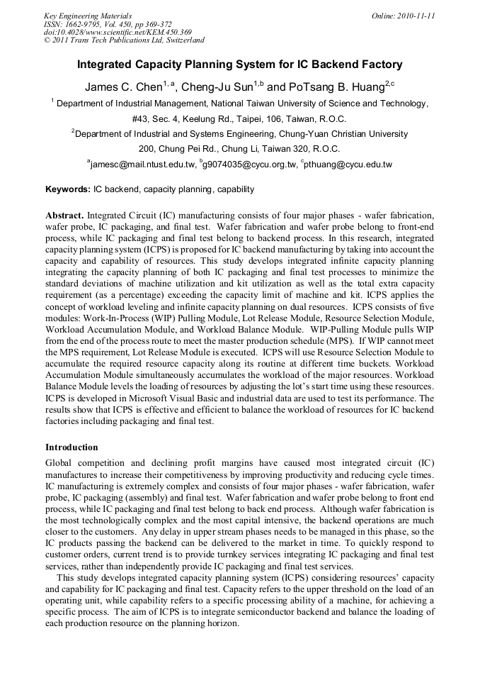 Integrated Capacity Planning System for IC Backend Factory | Scientific.Net