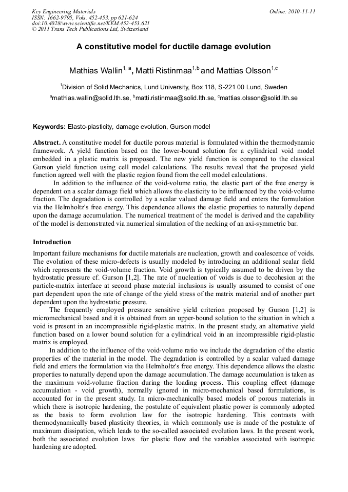 A Constitutive Model for Ductile Damage Evolution | Scientific.Net