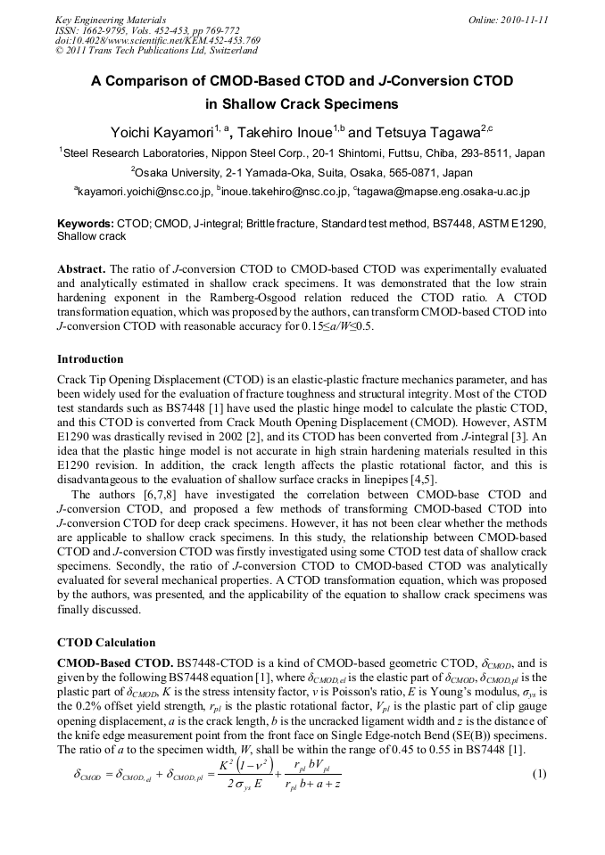 A Comparison of CMOD-Based CTOD and J-Conversion CTOD in Shallow Crack ...