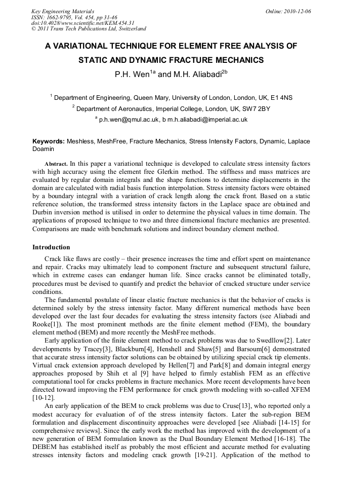 A Variational Technique for Element Free Analysis of Static and Dynamic Fracture Mechanics ...