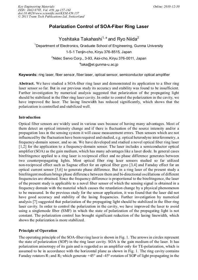 Polarization Control of SOA-Fiber Ring Laser | Scientific.Net