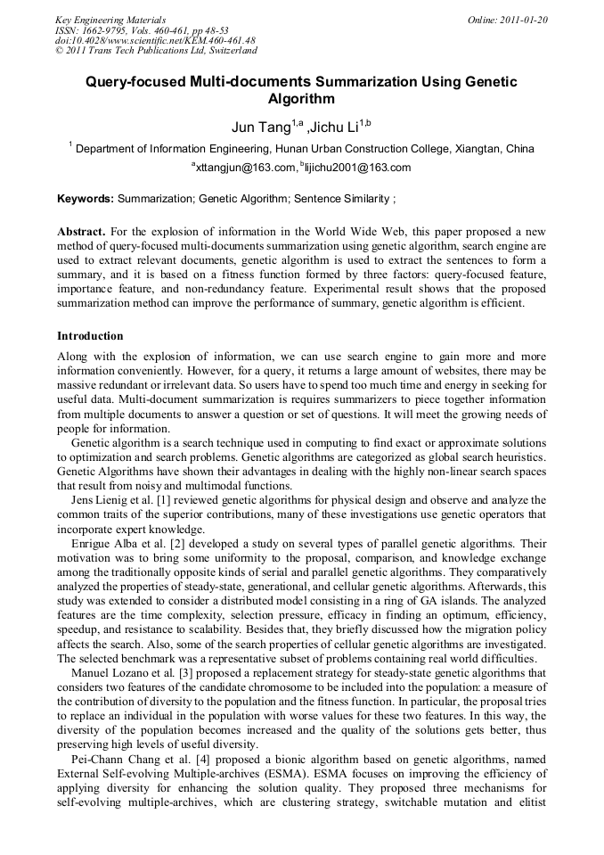 Query-Focused Multi-Documents Summarization Using Genetic Algorithm | Scientific.Net