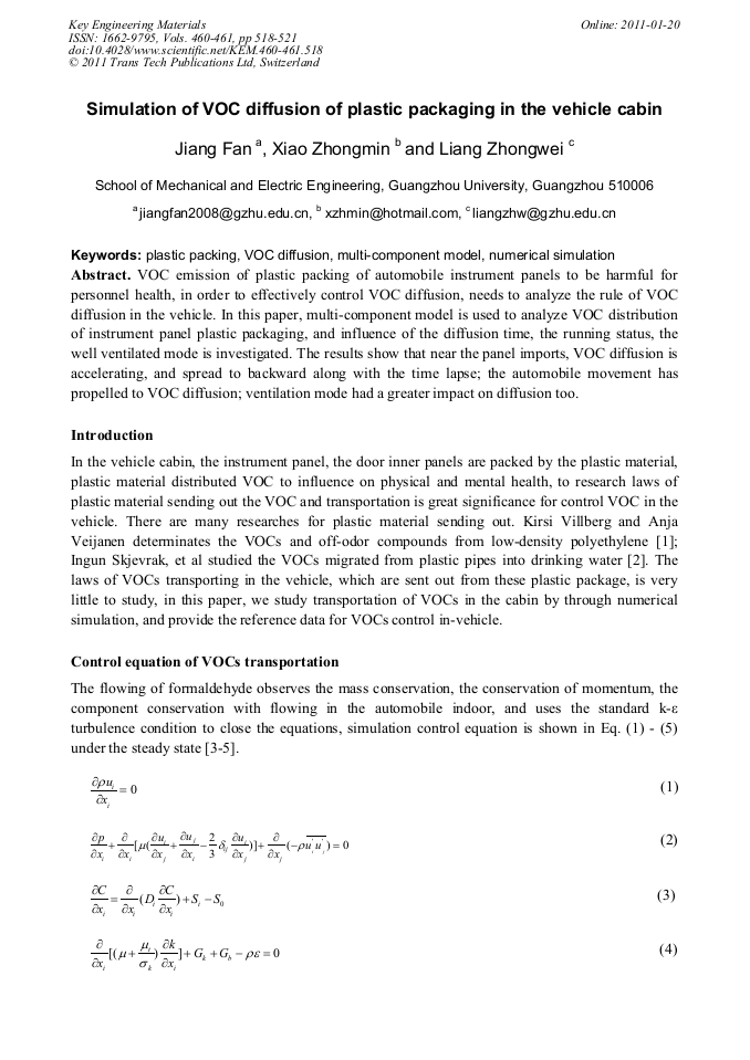 Simulation of VOC Diffusion of Plastic Packaging in the Vehicle Cabin ...
