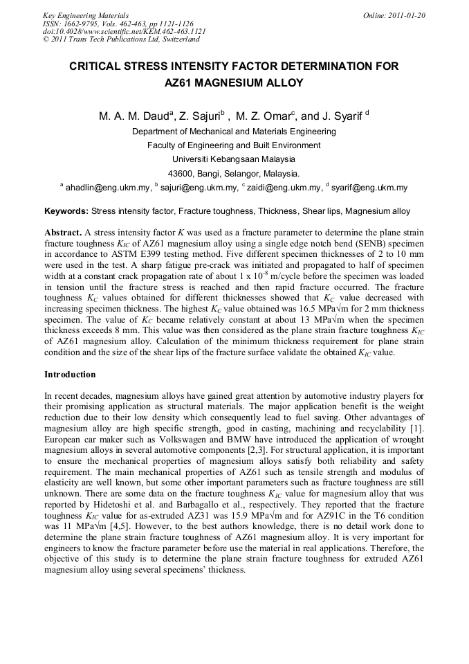 Critical Stress Intensity Factor Determination for AZ61 Magnesium Alloy ...