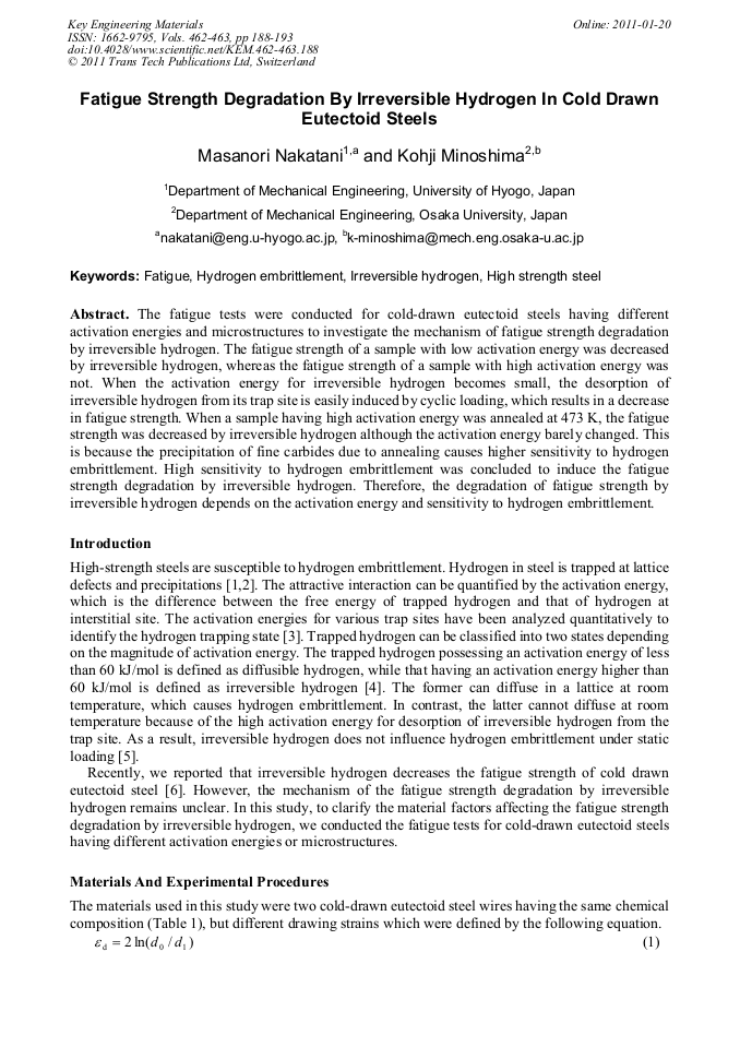 Fatigue Strength Degradation by Irreversible Hydrogen in Cold Drawn ...