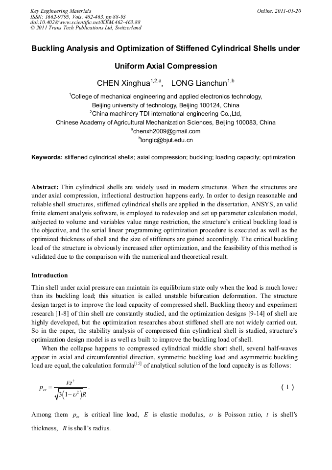 Buckling Analysis and Optimization of Stiffened Cylindrical Shells ...