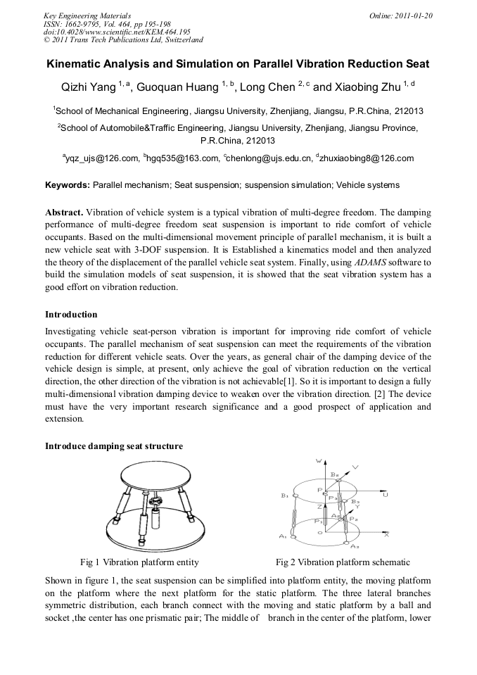 Kinematic Analysis And Simulation On Parallel Vibration Reduction Seat Scientific Net