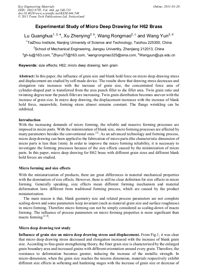 Experimental Study of Micro Deep Drawing for H62 Brass | Scientific.Net