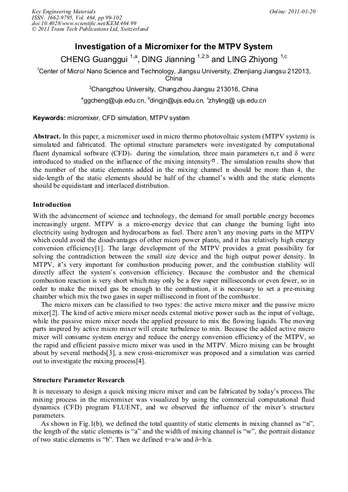 Investigation of a Micromixer for the MTPV System | Scientific.Net
