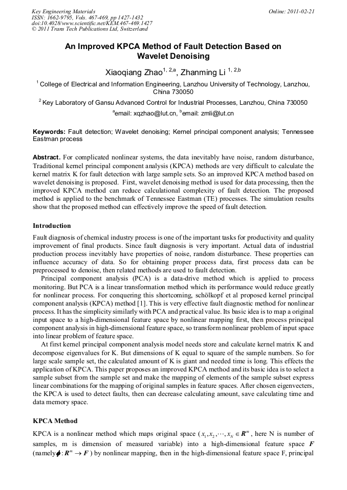 An Improved KPCA Method of Fault Detection Based on Wavelet Denoising | Scientific.Net
