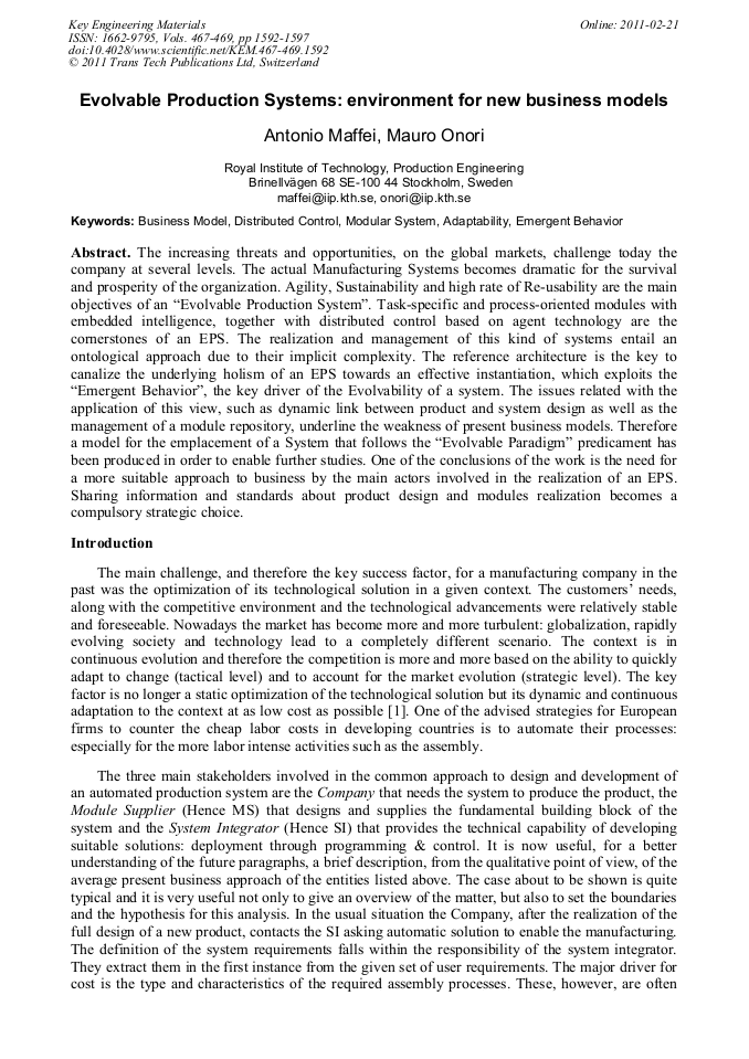 Evolvable Production Systems: Environment for New Business Models | Scientific.Net