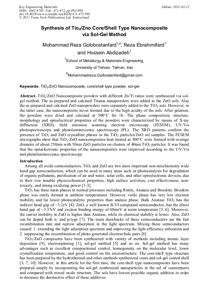 Synthesis of TiO2/Zno Core/Shell Type Nanocomposite via Sol-Gel Method | Scientific.Net