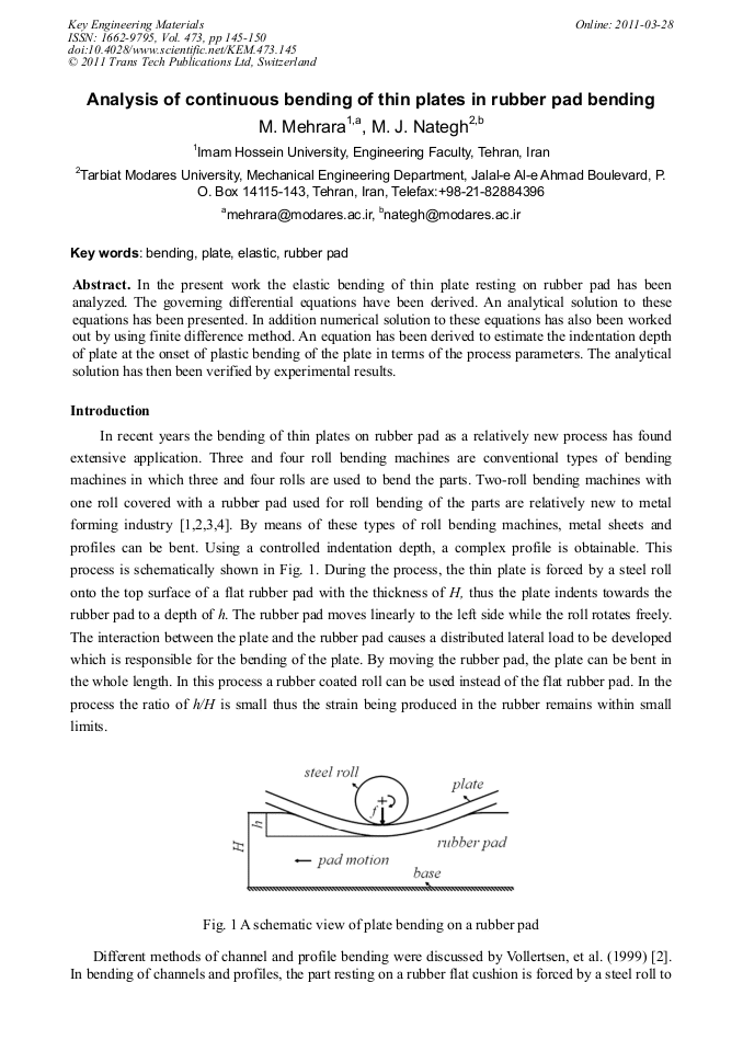 Analysis of Continuous Bending of Thin Plates in Rubber Pad Bending ...