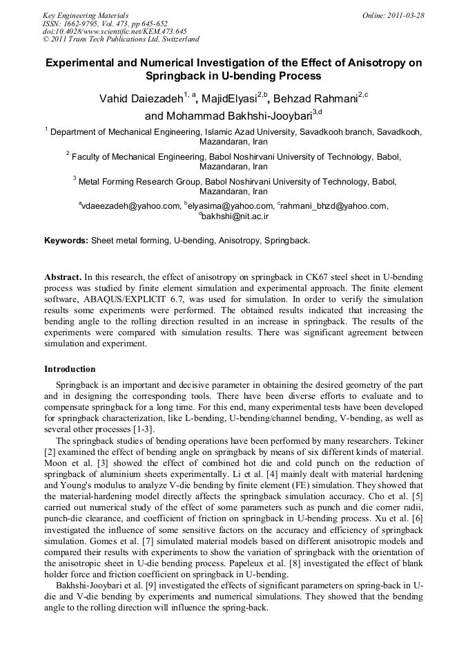 Experimental and Numerical Investigation of the Effect of Anisotropy on Springback in U-Bending ...