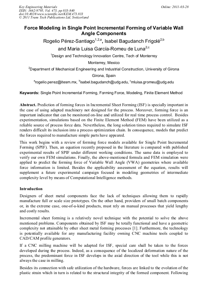 Force Modeling in Single Point Incremental Forming of Variable Wall ...
