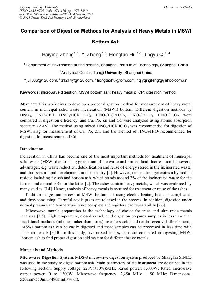 Comparison of Digestion Methods for Analysis of Heavy Metals in MSWI ...