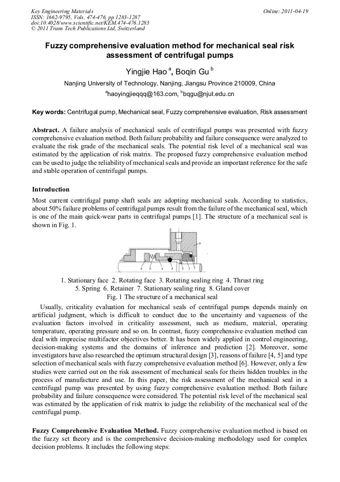 Fuzzy Comprehensive Evaluation Method for Mechanical Seal Risk ...