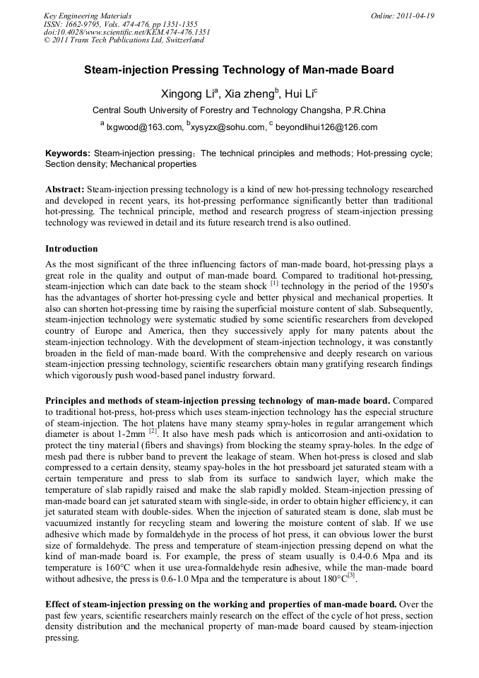 Steam-Injection Pressing Technology of Man-Made Board | Scientific.Net