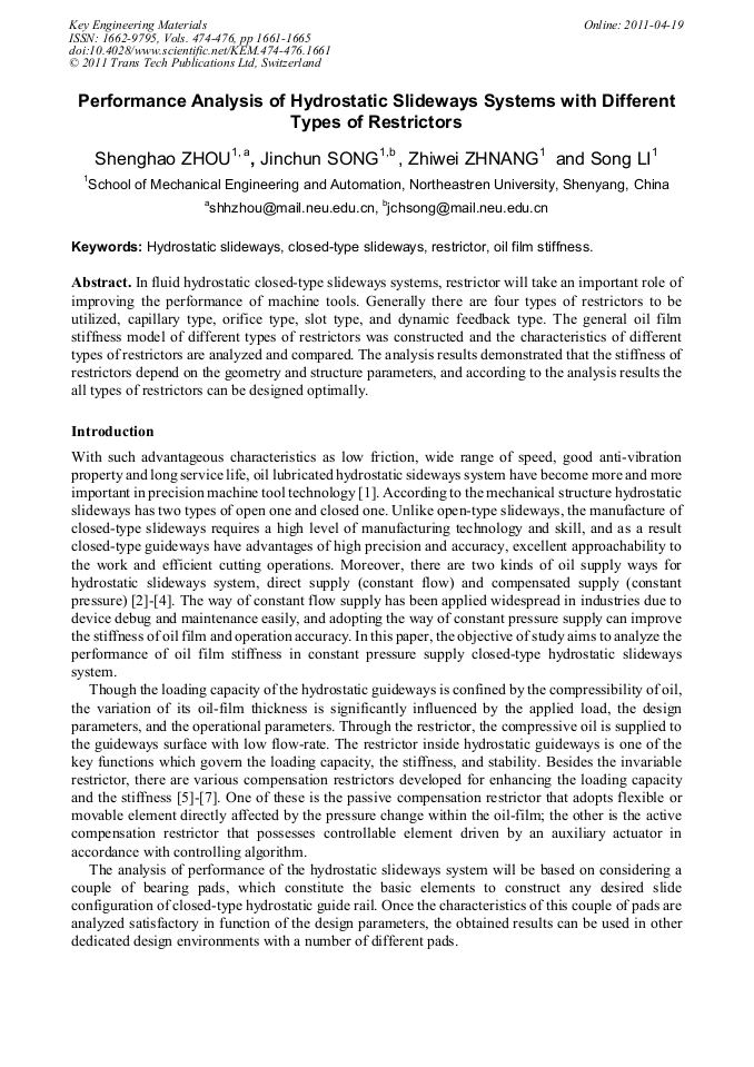 Performance Analysis of Hydrostatic Slideways Systems with Different ...