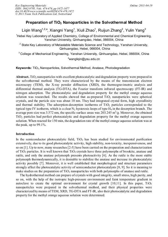Preparation of TiO2 Nanoparticles in the Solvothermal Method ...