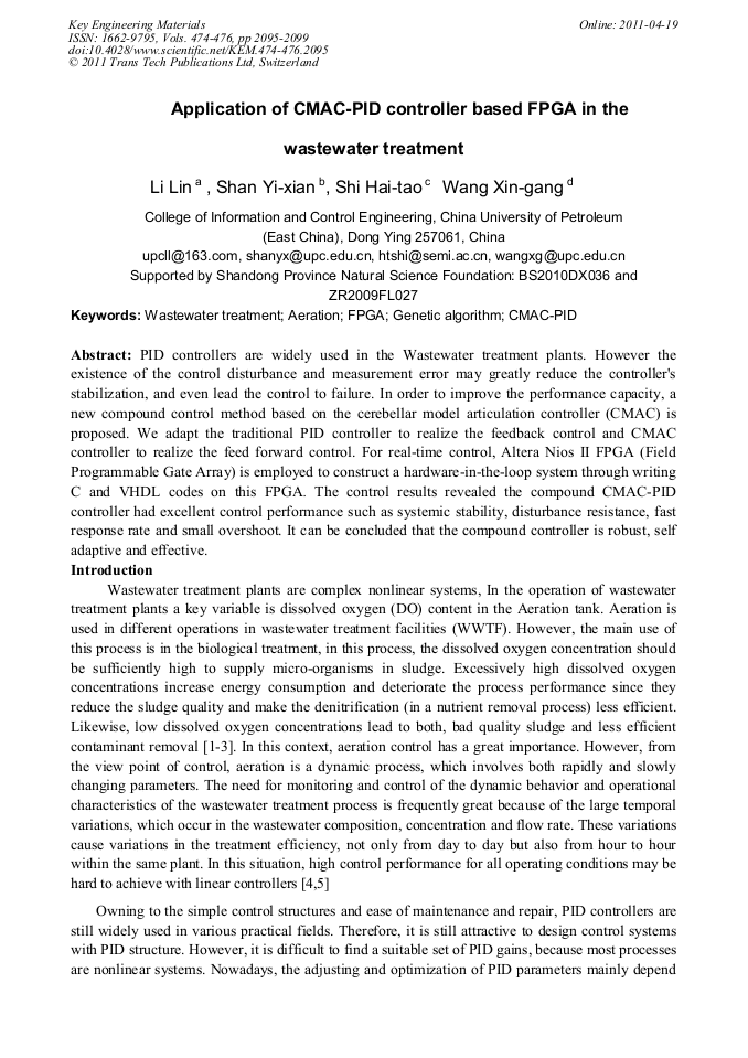 Application of CMAC-PID Controller Based FPGA in the Wastewater Treatment | Scientific.Net